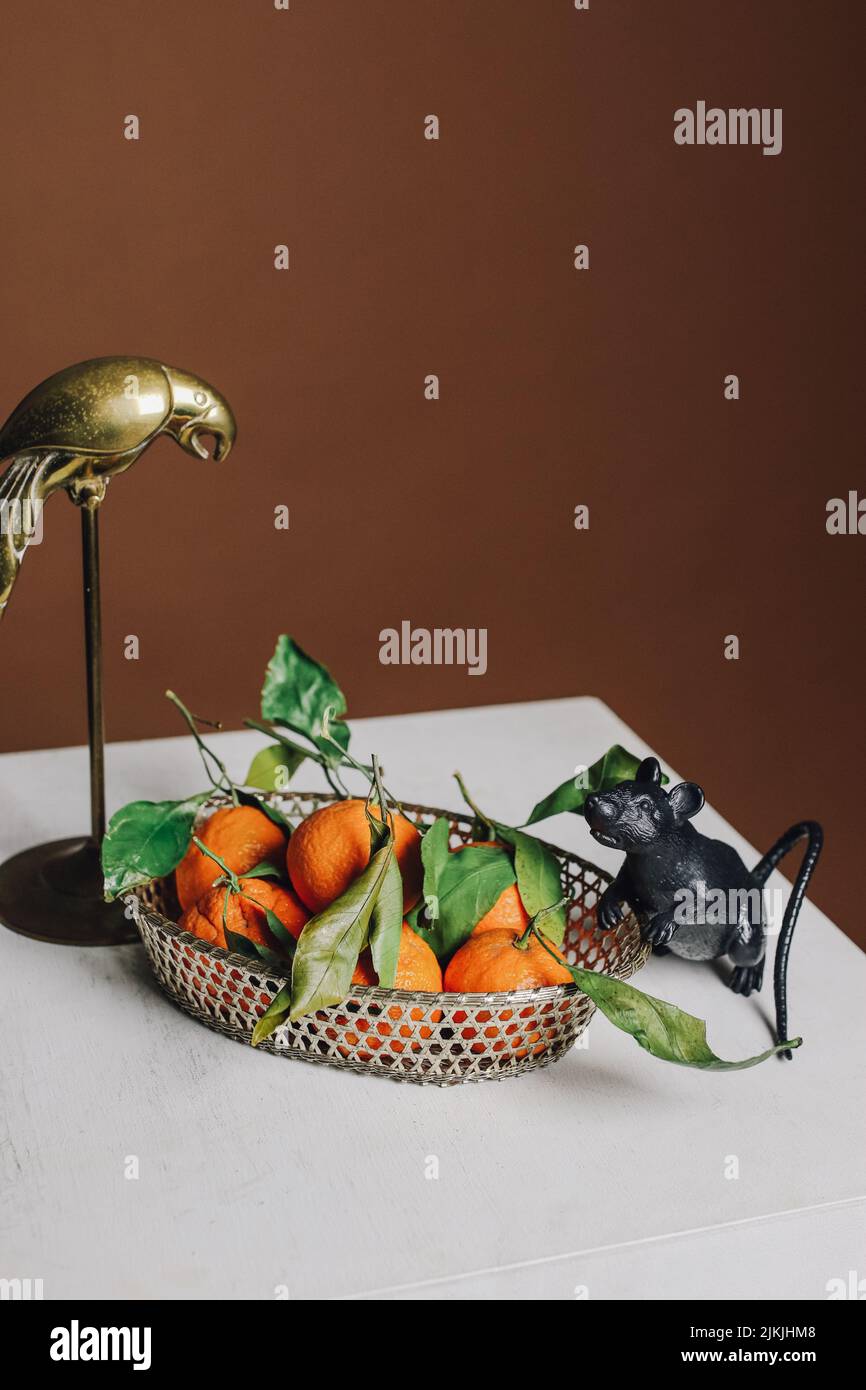 still life with brass bird, parrot figure and black rat toy against ...