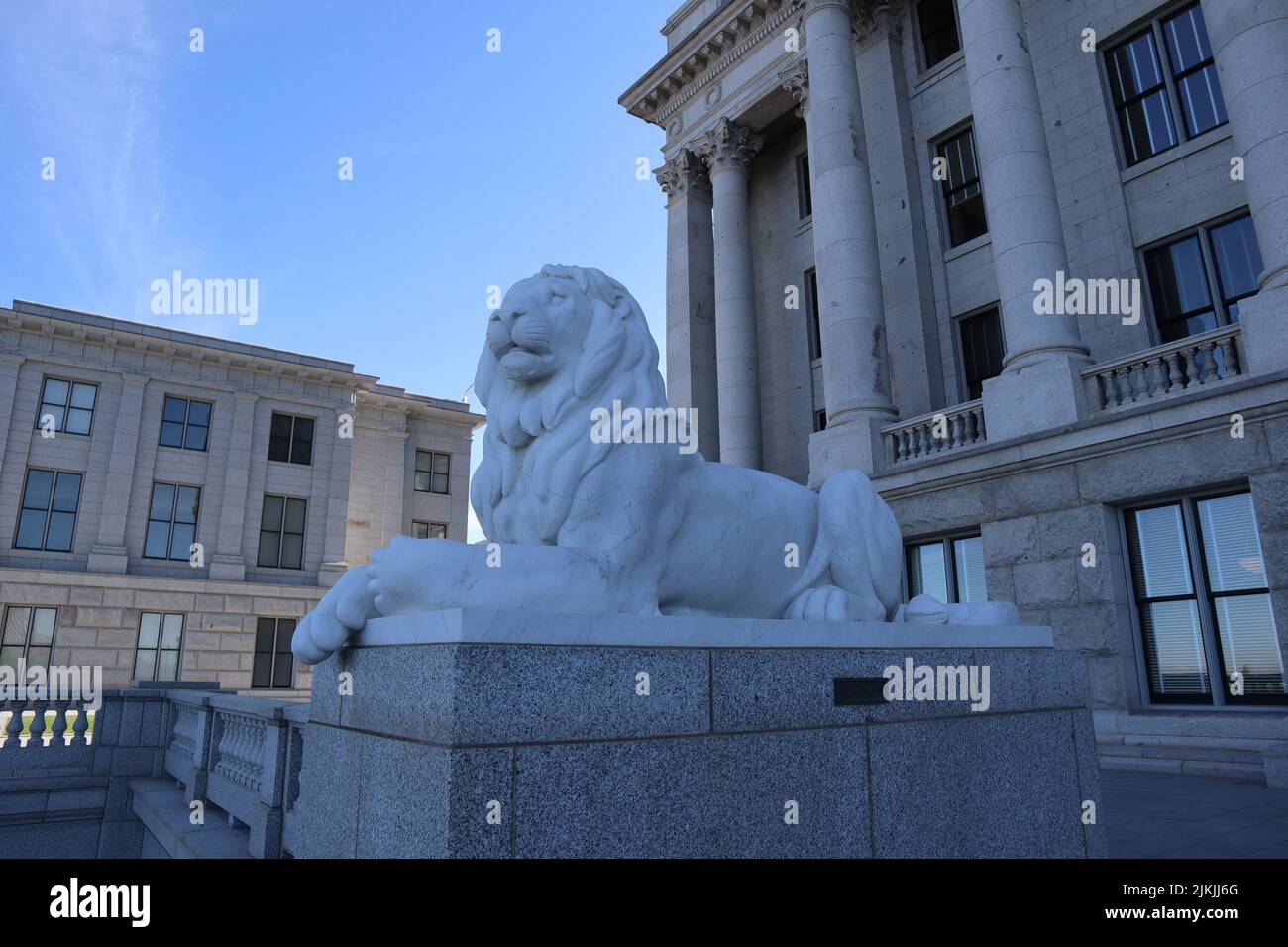 A closeup of the lion statue outside the Utah State Capitol building ...
