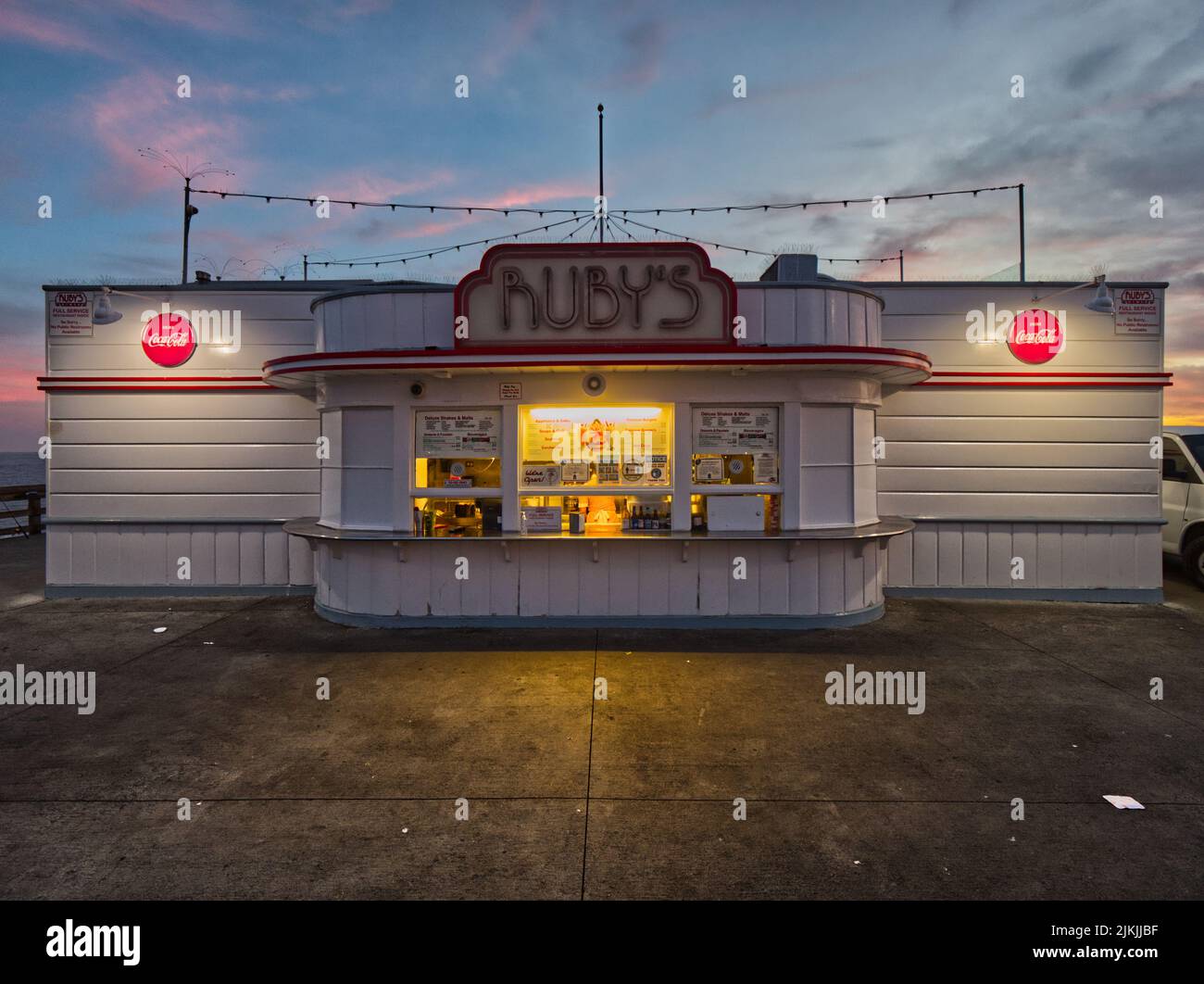 The Ruby's Diner on Balboa Pier against the sky at sunset. The United ...