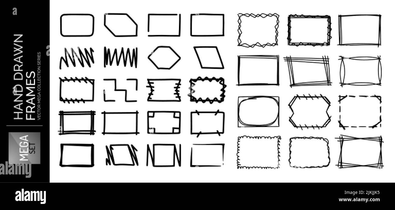 Hand drawn sketch doodle frames set, borders, square and rectangle shapes for text. Design ...