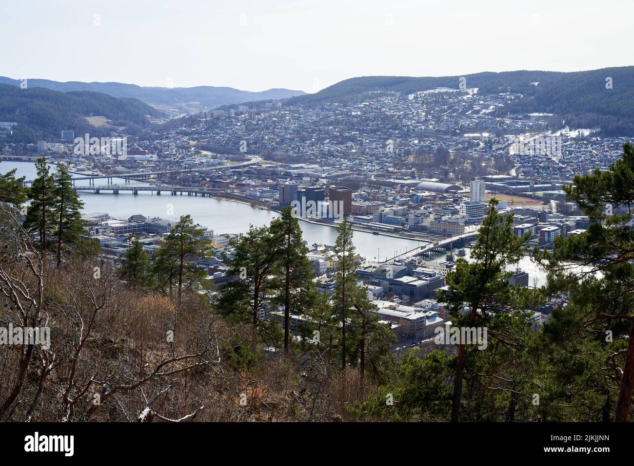 An aerial cityscape of Drammen and the river Drammenselva from the ...