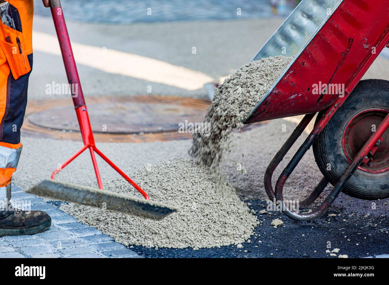 Asphalting with colored asphalt, construction site, construction of a ...