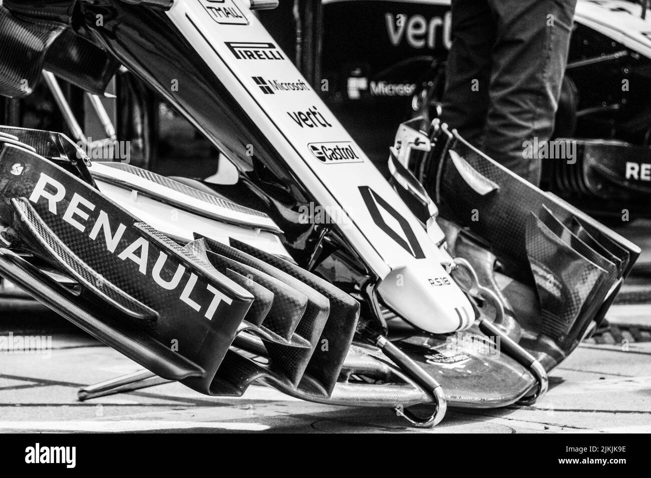 A grayscale shot of a Renault R.S.18 ready for the race in the 2018 Formula 1 race in Italy ...