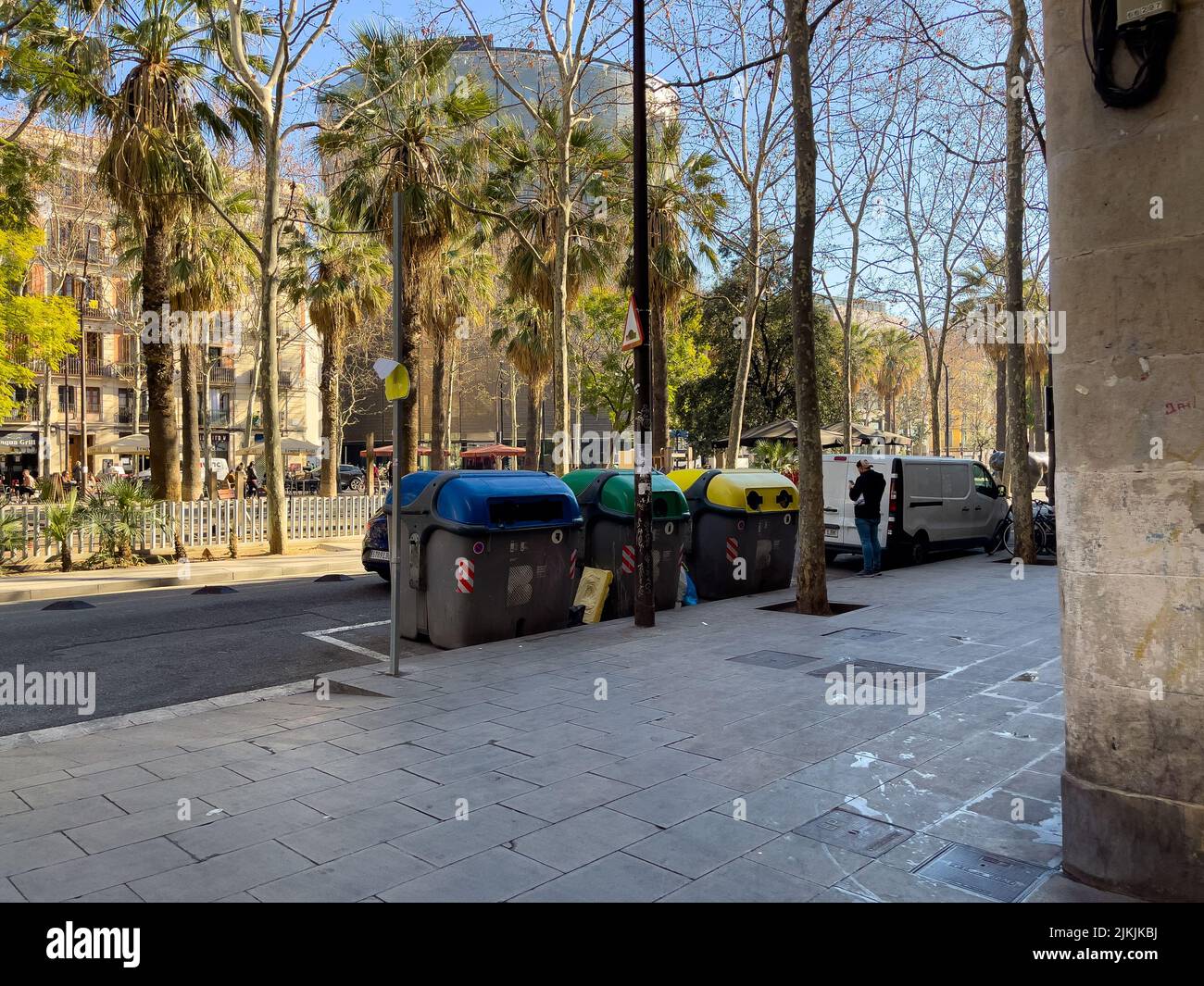 Many trash containers on the sideroad in Barcelona Stock Photo - Alamy
