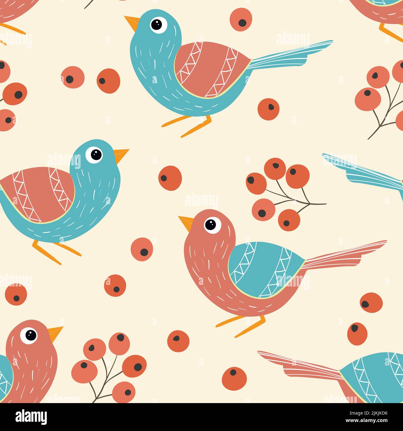 Seamless pattern with funny colorful birds, flowers, leaves and berries ...