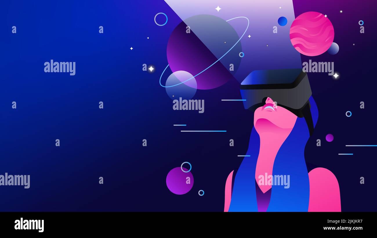 Examining Space in Metaverse. Girl in Virtual Reality Goggles ...