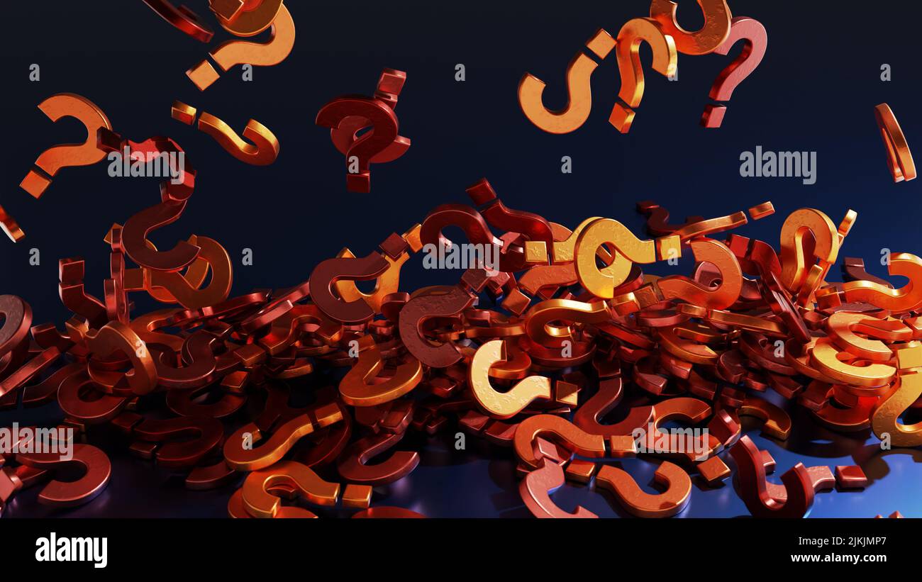 A 3d render of red question marks falling down on a blue background ...