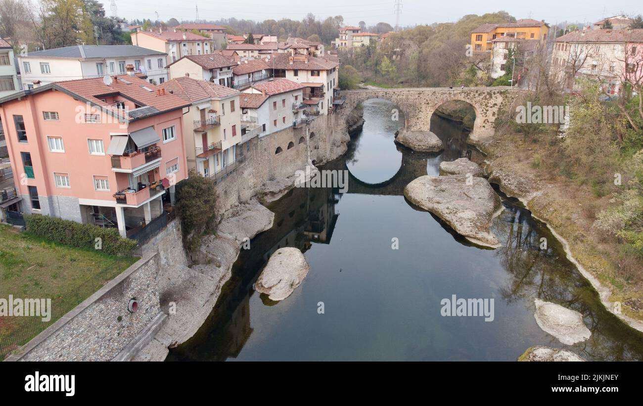 An aerial view of the Ponte Vecchio and surrounding buildings in Italy ...