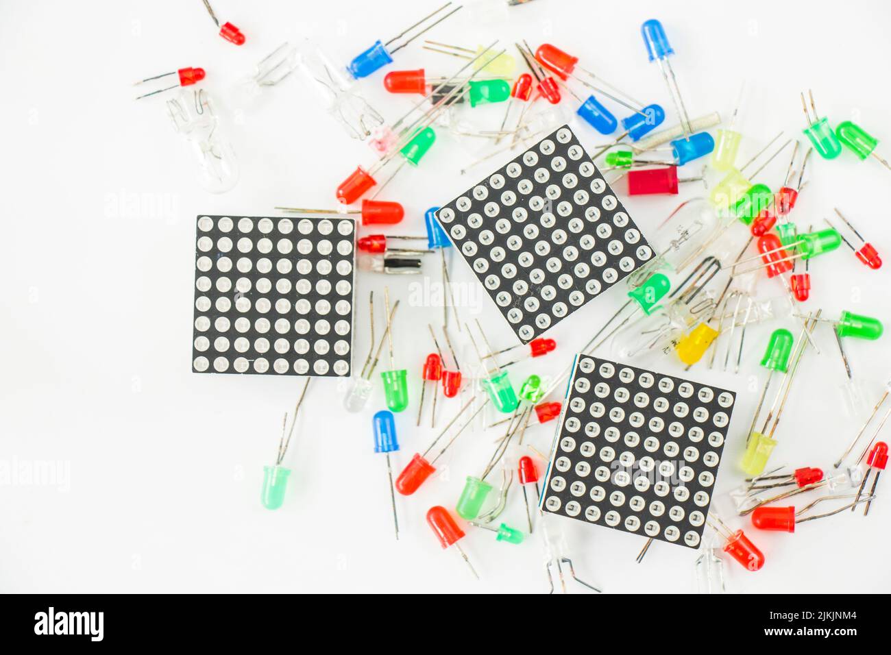 Led light display colorful lamps and electrical parts on the white ...