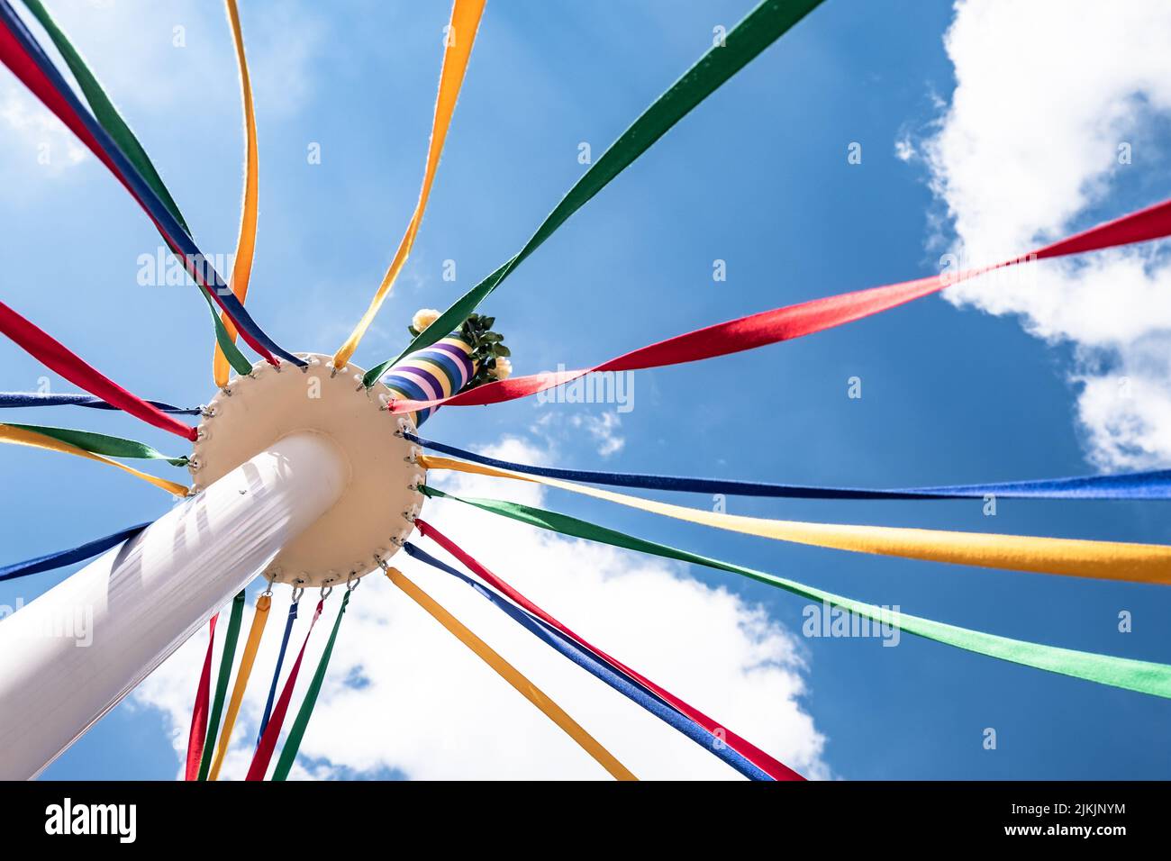 Coloured ribbons of a traditional English Maypole whilst dancing is in ...