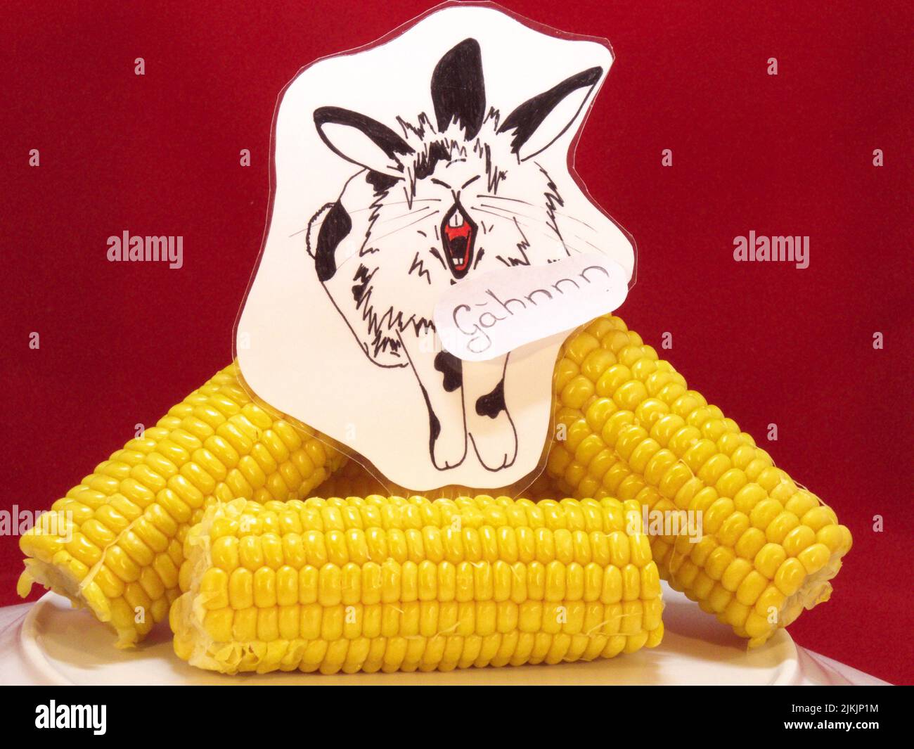 A closeup of corns and a sticker of a bunny with three ears on a red ...