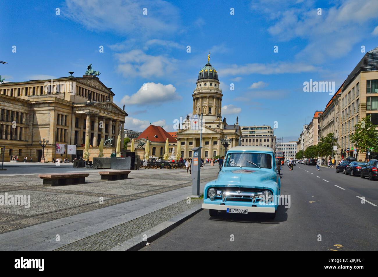 A blue vintage car in the square in the city of Berlin in Germany Stock ...