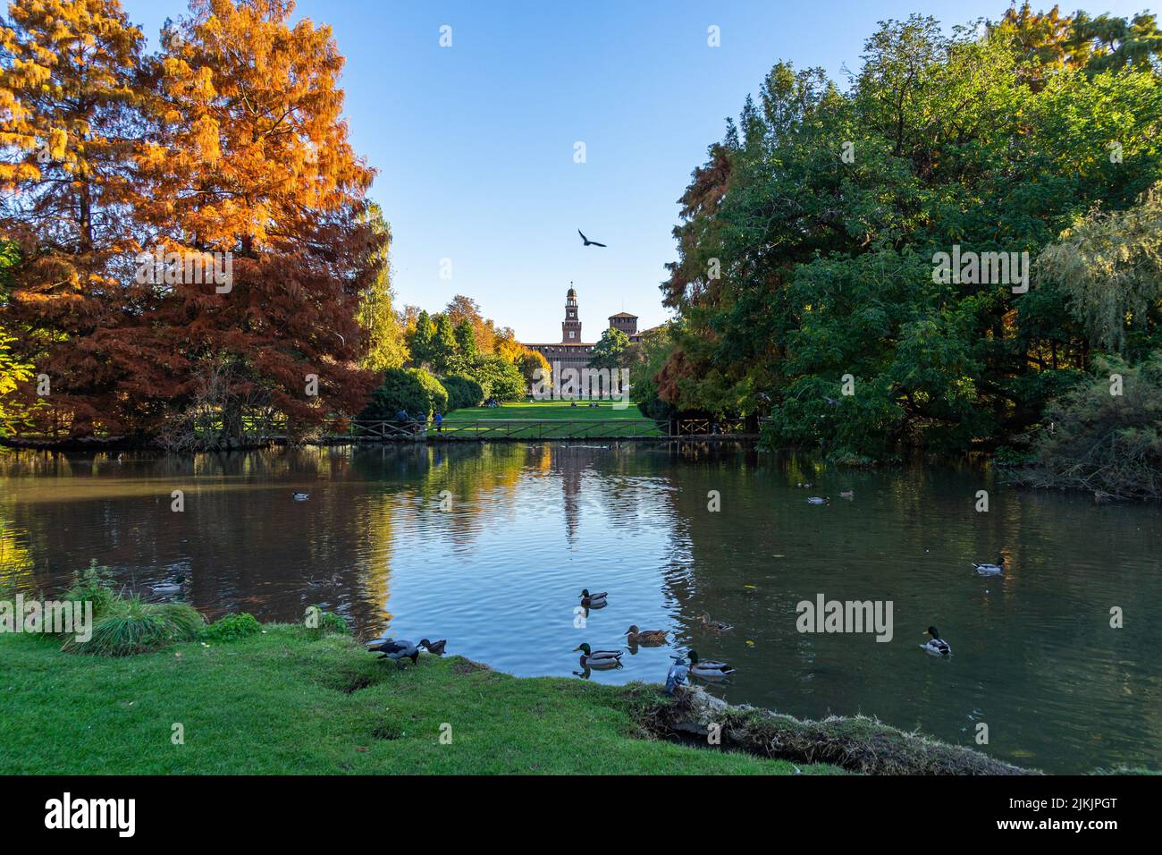 View of Parco Sempione, the largest park in Milan during autumn season ...