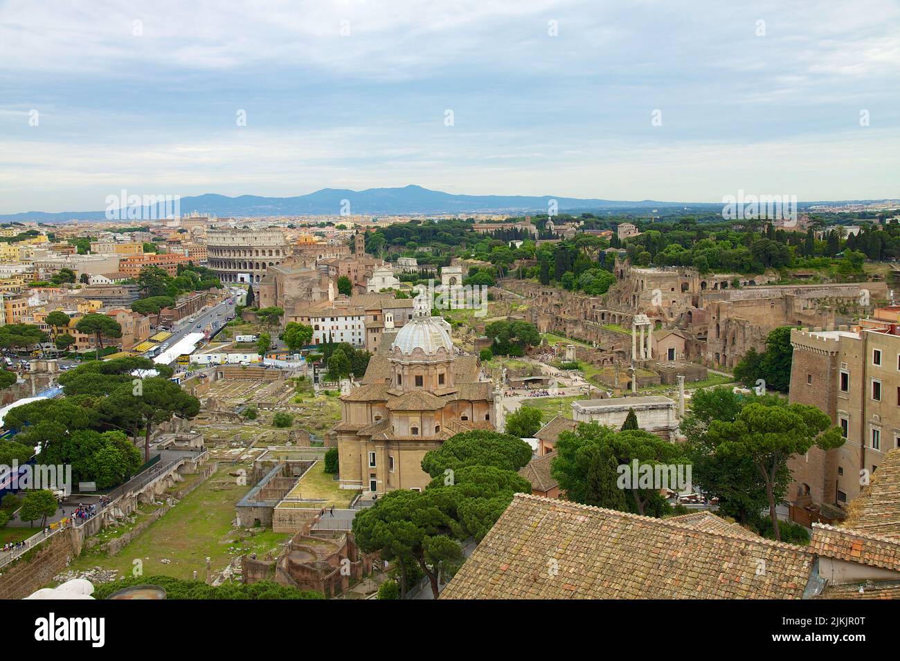 An aerial view of Rome with Roman Forum and Colosseum from Vittoriano ...