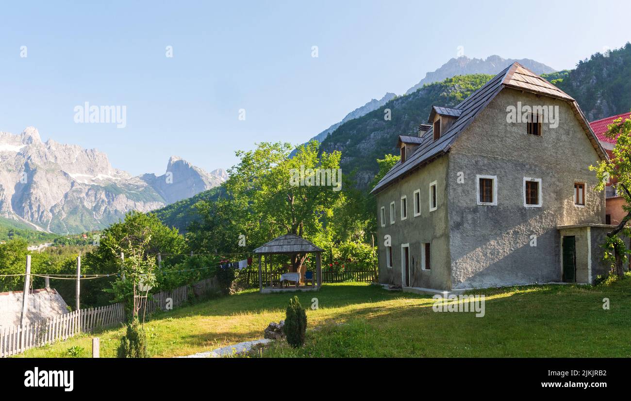 Valley of Theth with a dirt road in the dinaric alps in Albania Stock ...