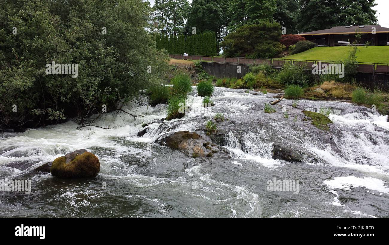 A fast-flow river in the background of buildings in the park Stock ...