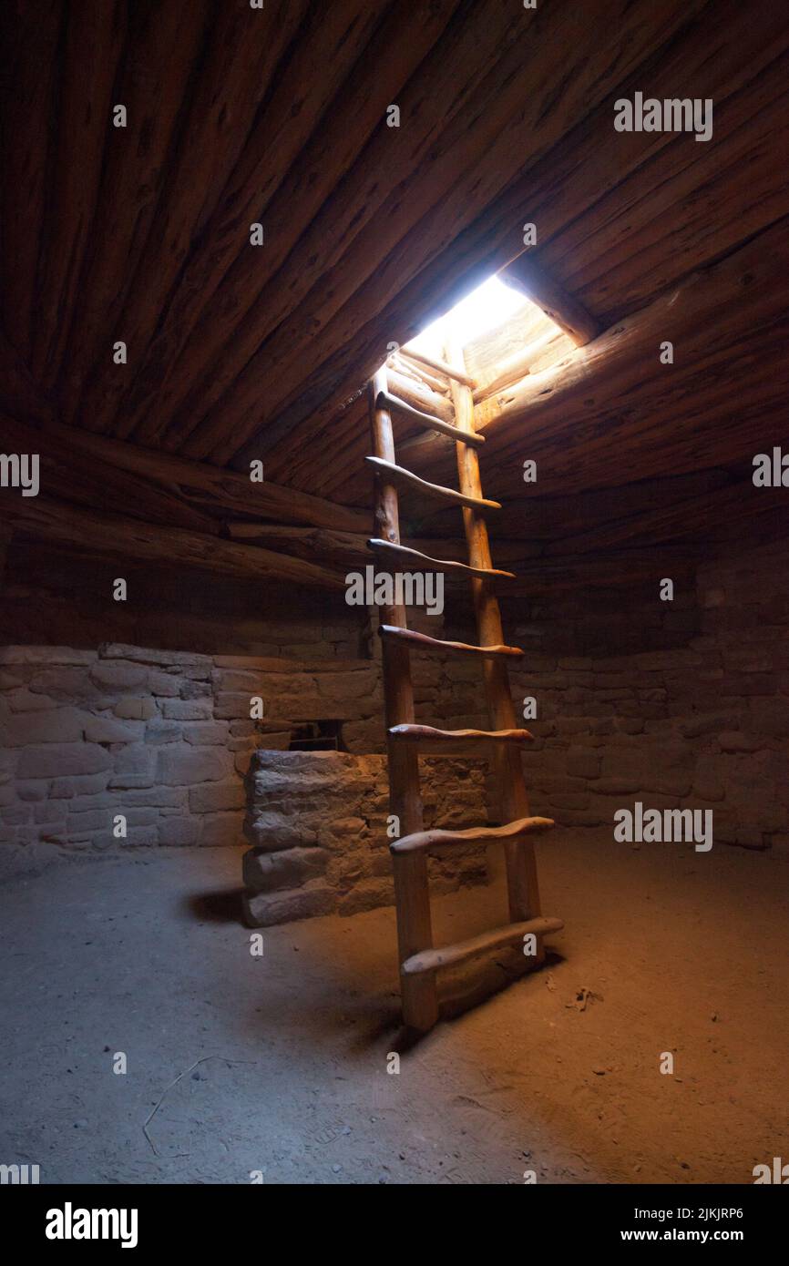 Kiva ladder inside underground chamber at the Spruce Tree House ruins ...