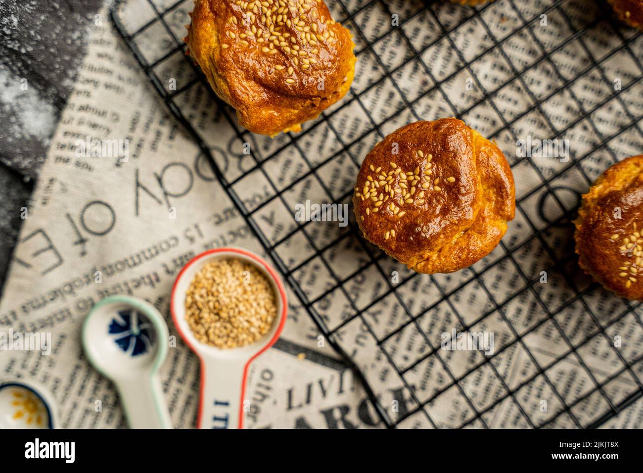 A top view of sesame muffins Stock Photo - Alamy
