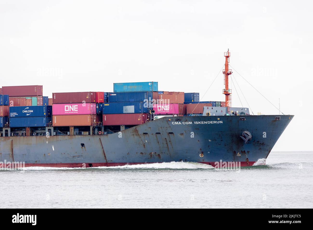 A ship full of containers sailing on the River Elbe in Germany Stock ...