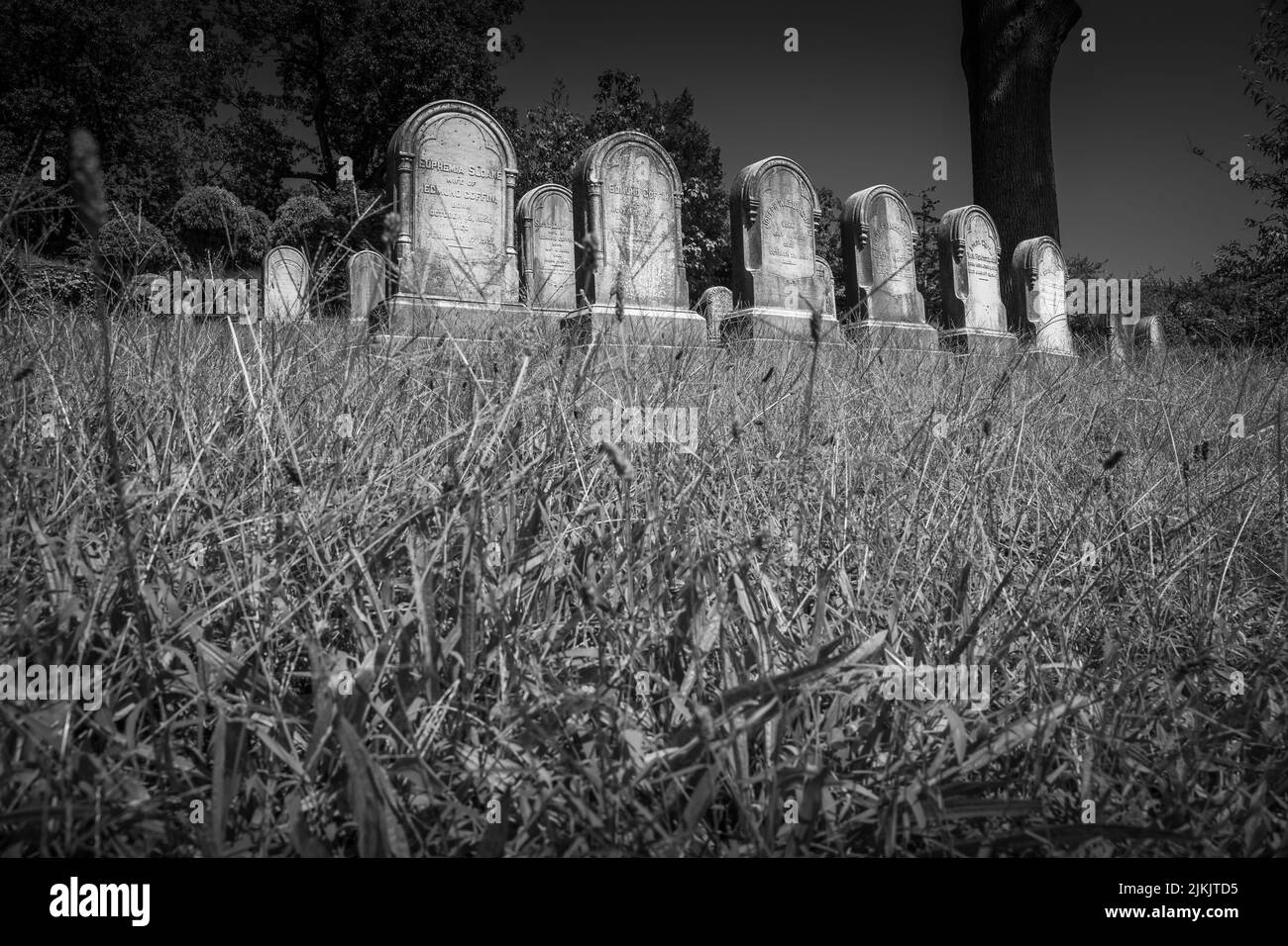 A grayscale of gravestones in the graveyard Stock Photo - Alamy