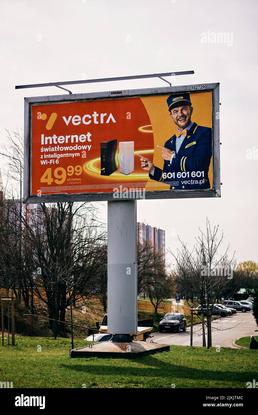 A closeup of Vectra internet company billboard in the Poland area Stock ...