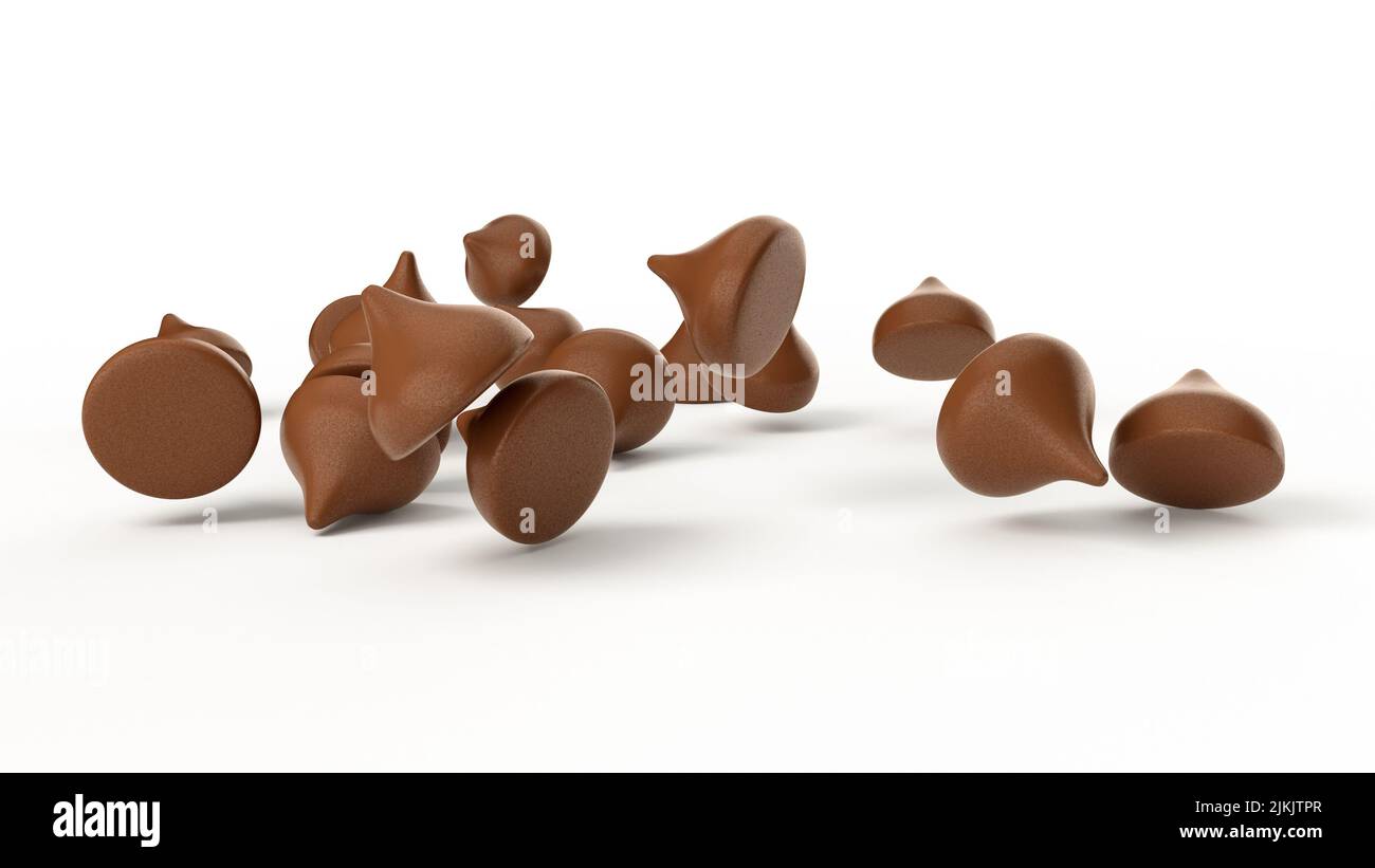 Glossy 3d chocolate chips falling down on white background Stock Photo ...