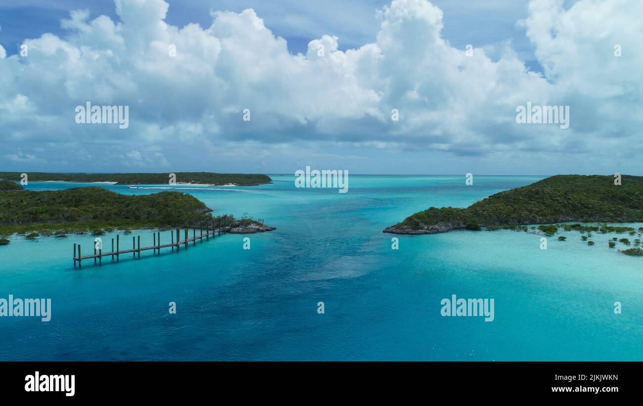 An aerial view of a dock near the shore at the Compass Cay island ...