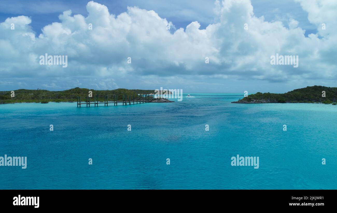 An aerial view of a dock near the shore at the Compass Cay island ...