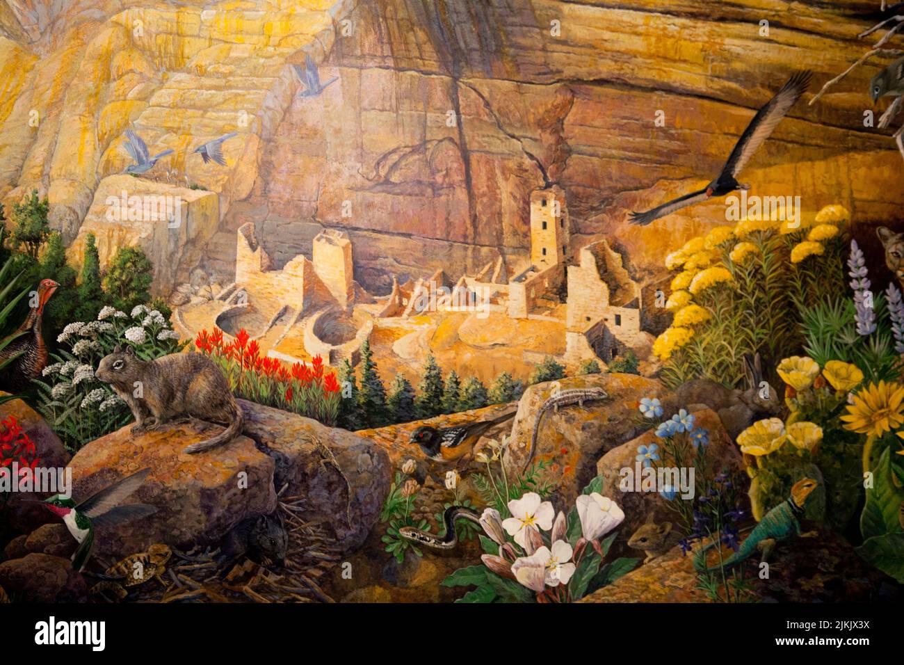 Oil painting with flora and fauna of Square Tower Ruins located in Mesa ...