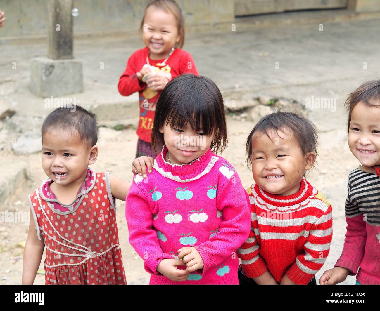 A group of little girls on the streets of Ha Giang in the North of ...