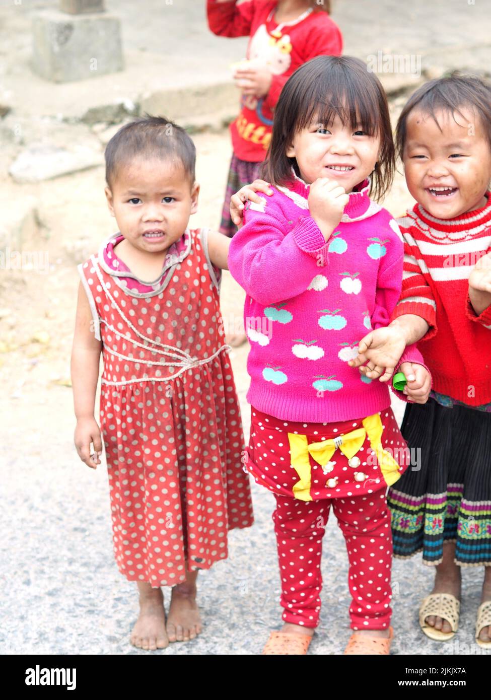 A group of little girls on the streets of Ha Giang in the North of ...