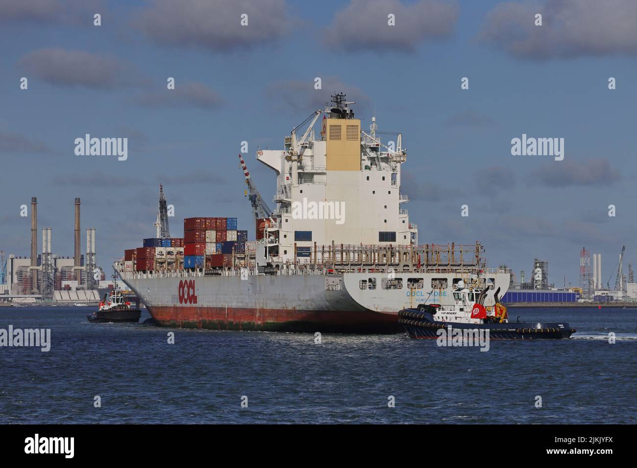 The container ship OOCL Kobe arrives in the port of Rotterdam on May 28 ...