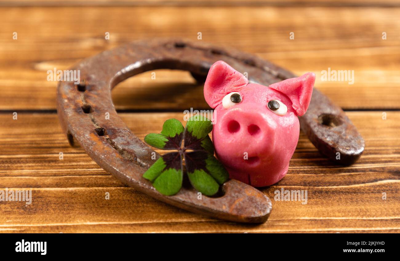 horseshoe with green shamrock and lucky pig sign for luck for st ...