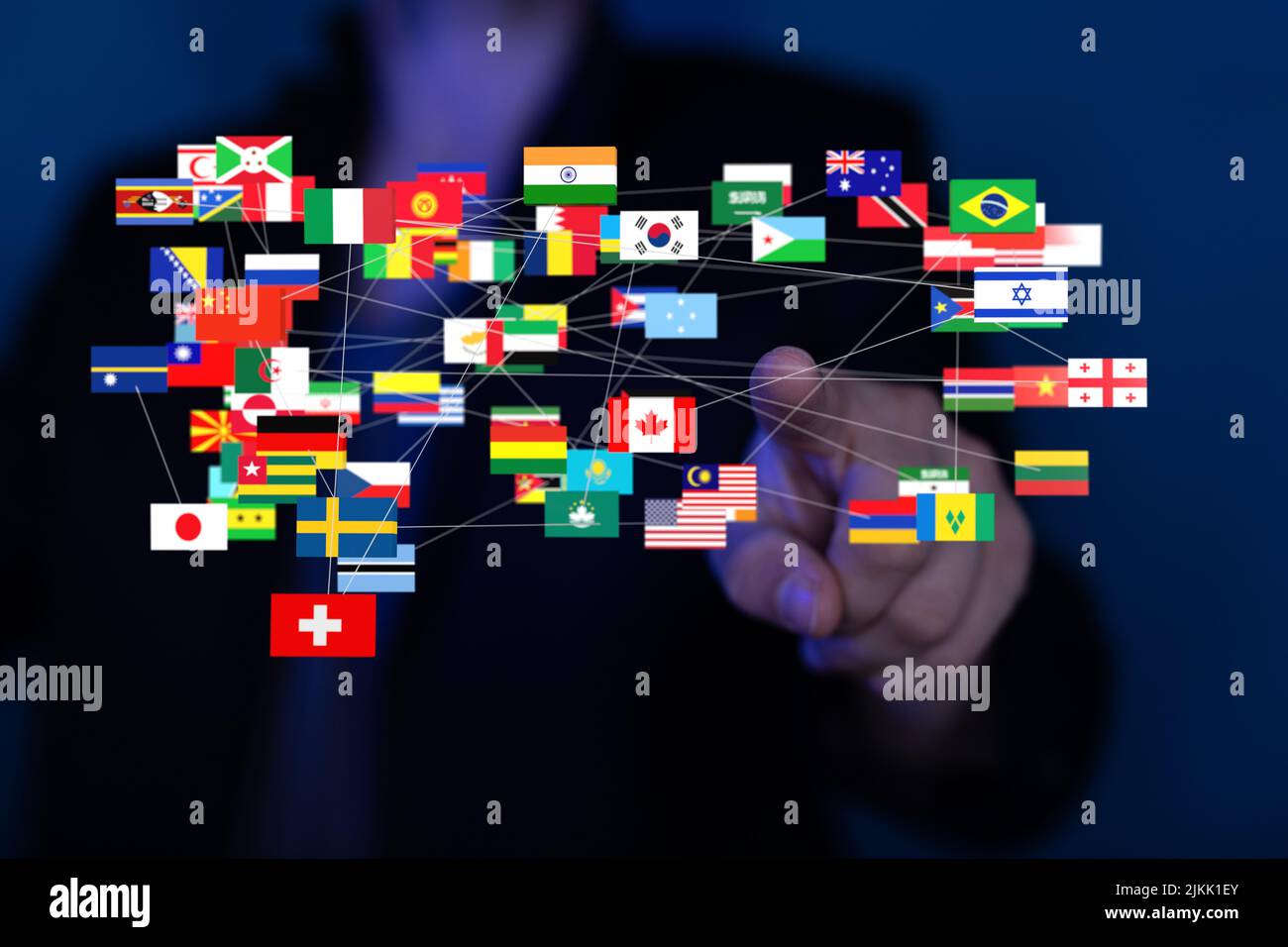 a shot of man pointing on National flags of the countries 3d icons ...