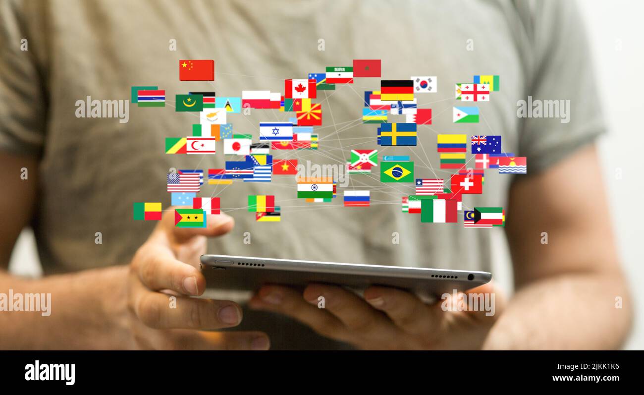 A 3D render of the international flag display of various countries ...