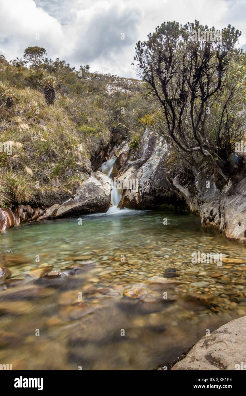 A beautiful landscape view of a small pond and waterfall on the ...