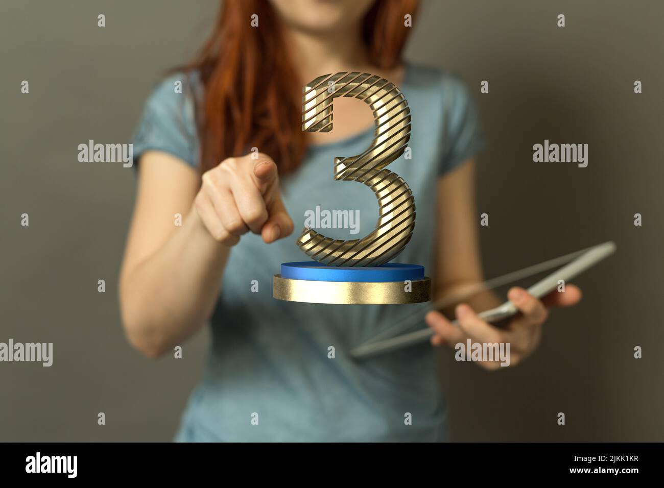 A woman showing with his finger an illustrative third-place winner icon ...