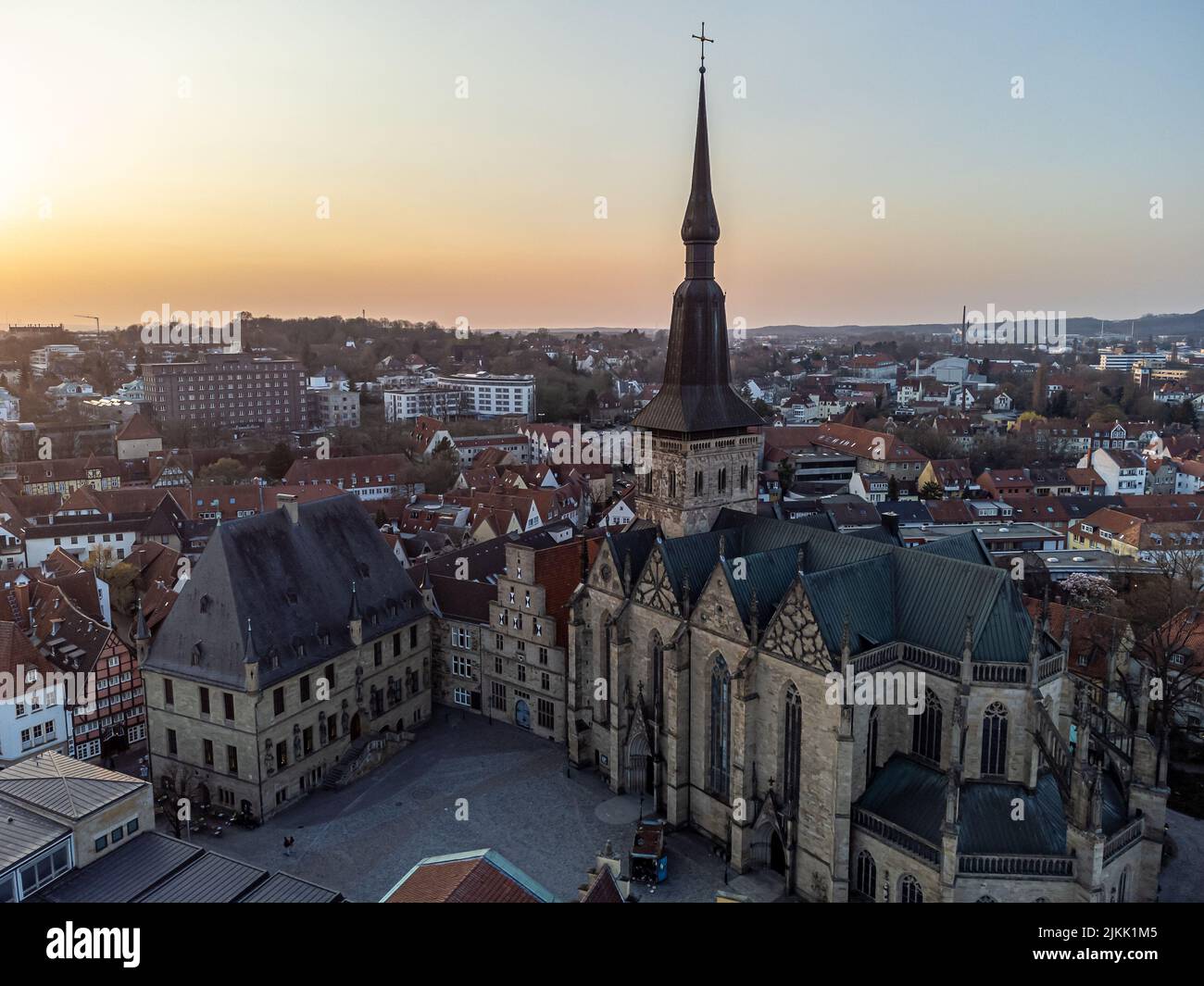 An aerial shot of a typical European square surrounded by aged ...