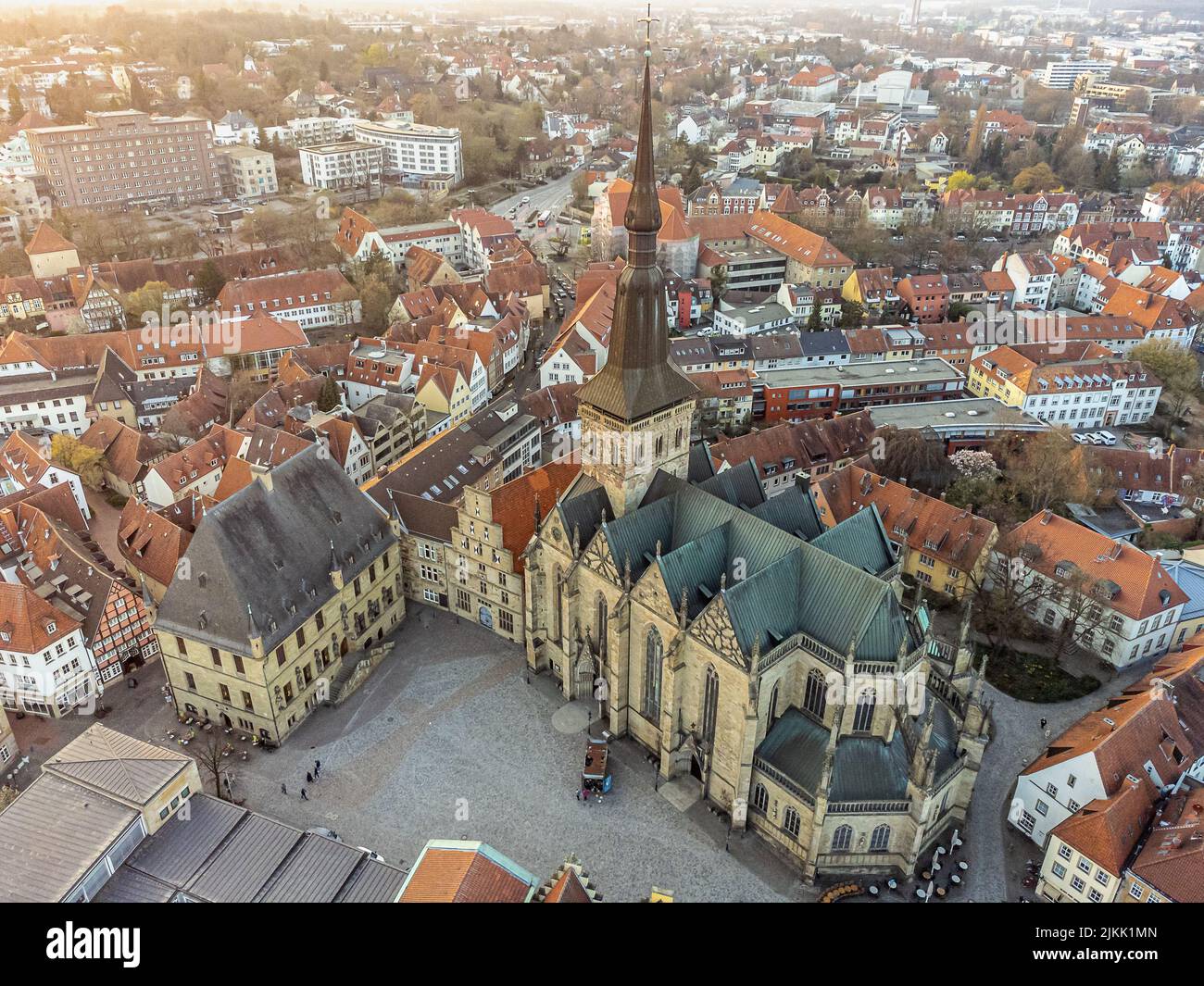 An aerial shot of a typical European square surrounded by aged ...