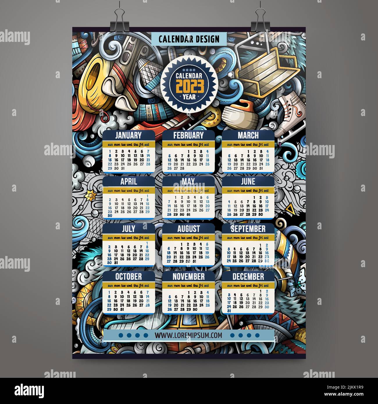 Cartoon colorful doodles Winter Sports 2023 year calendar Stock Vector ...