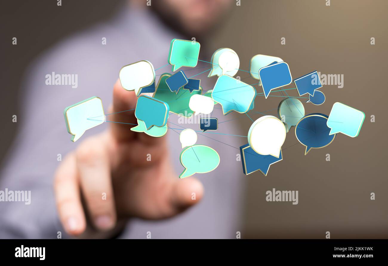 A person presenting the virtual projection of communication bubbles ...