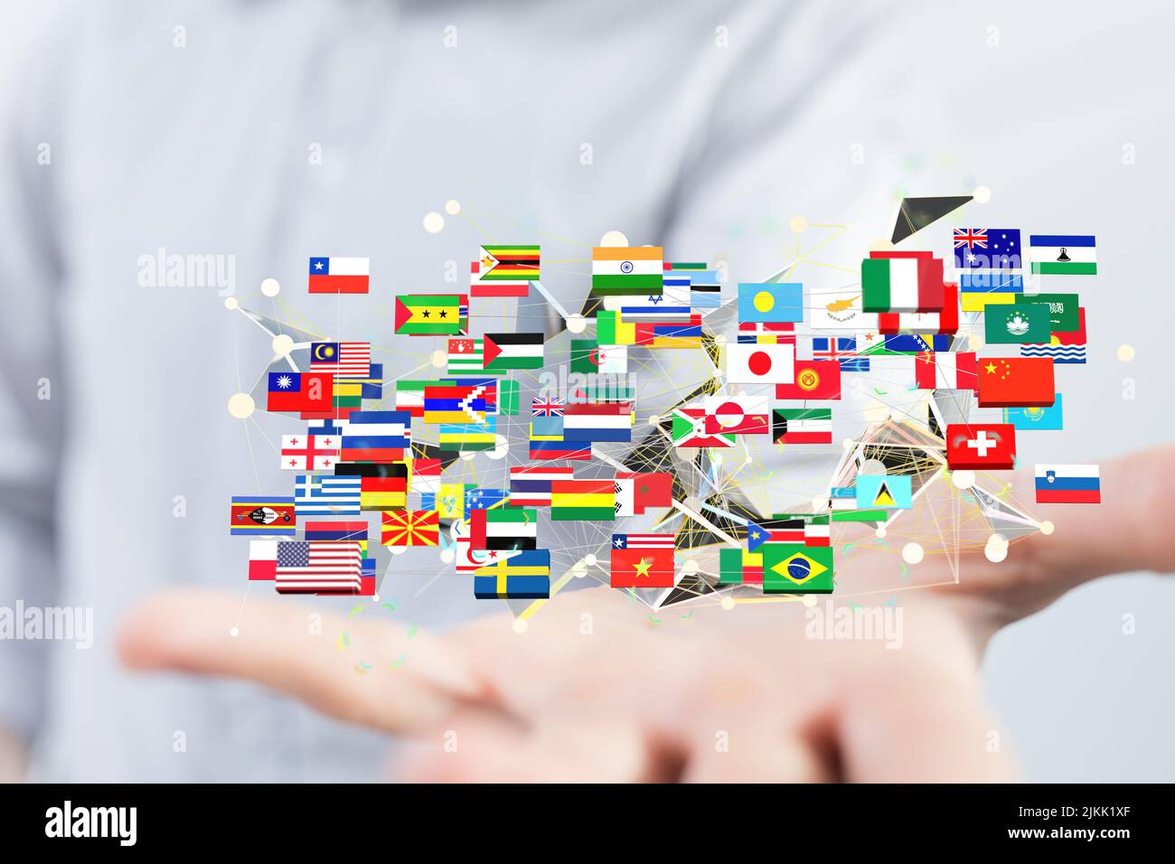 A person presenting a 3D render of the national flags of different ...