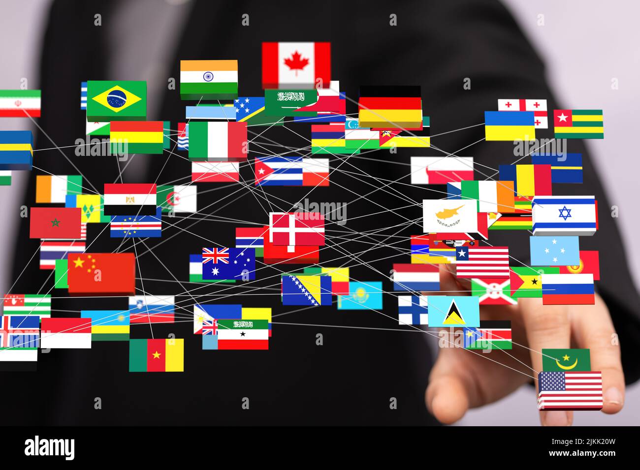 A person presenting the virtual projection of international flags Stock ...