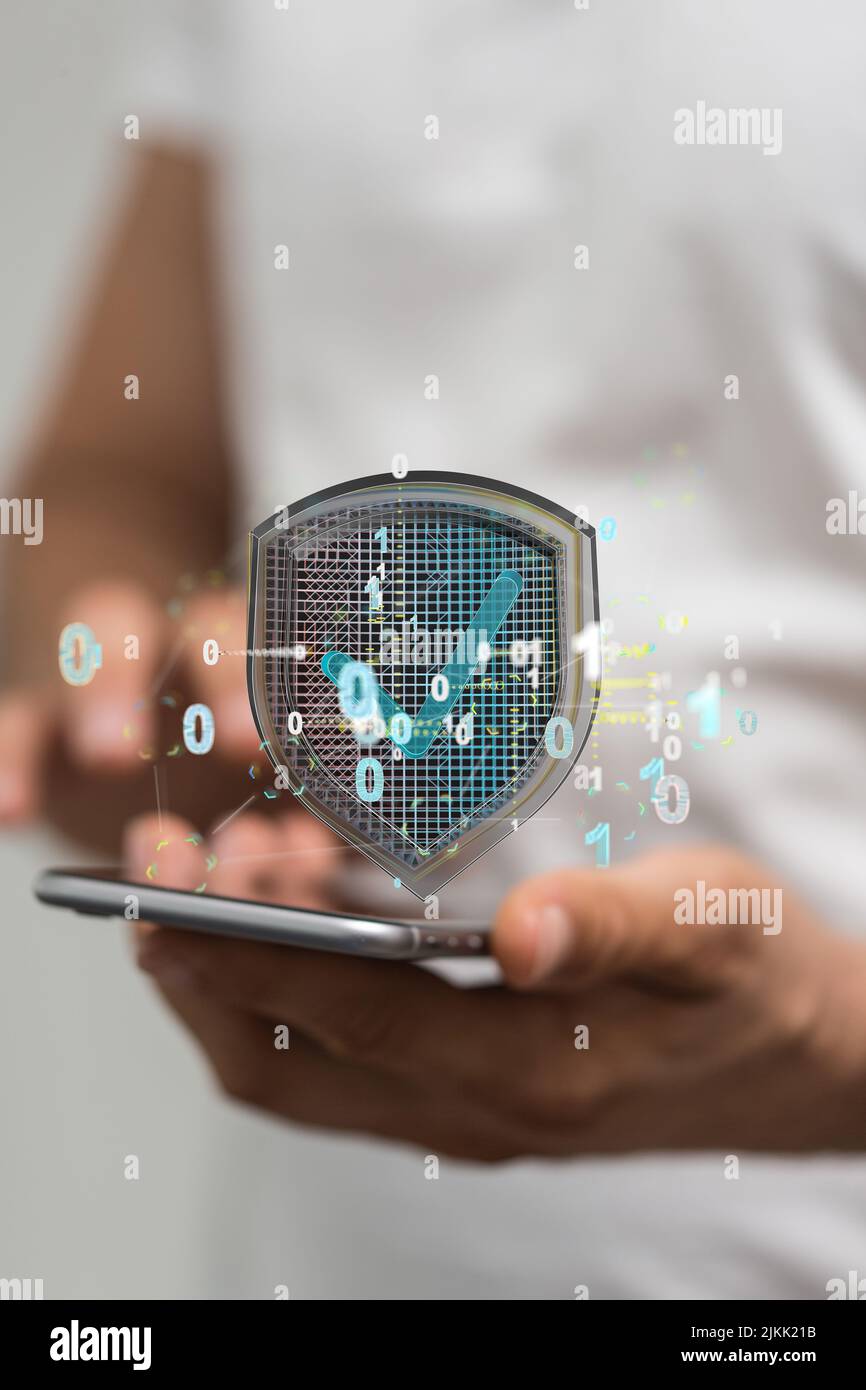 A person presenting a 3D render of cybersecurity and information or ...