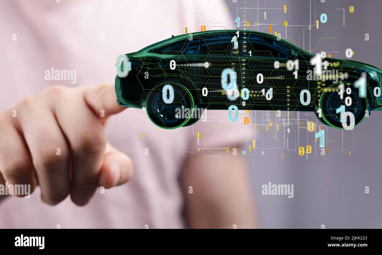 A person presenting the virtual projection of a futuristic car model ...