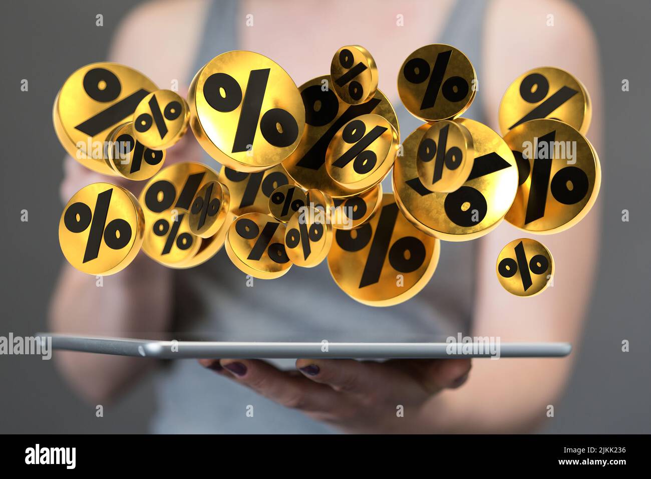 A person presenting the virtual projection of percent symbols Stock ...