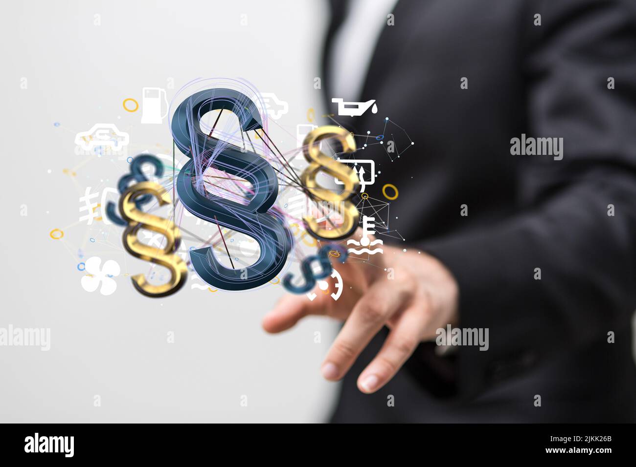 A businessman clicking on 3D rendered section signs Stock Photo - Alamy