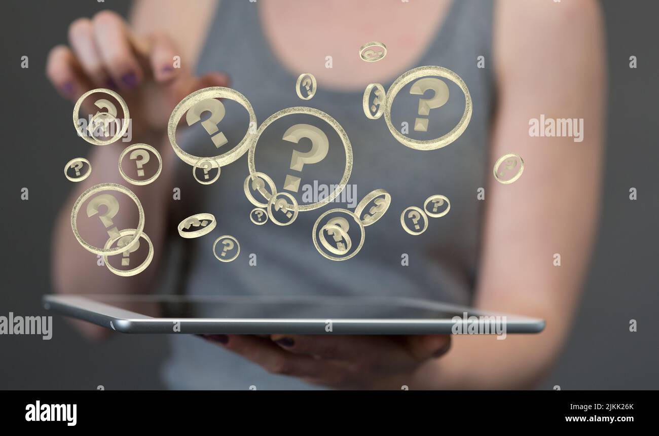 A person presenting the virtual projection of question marks Stock ...