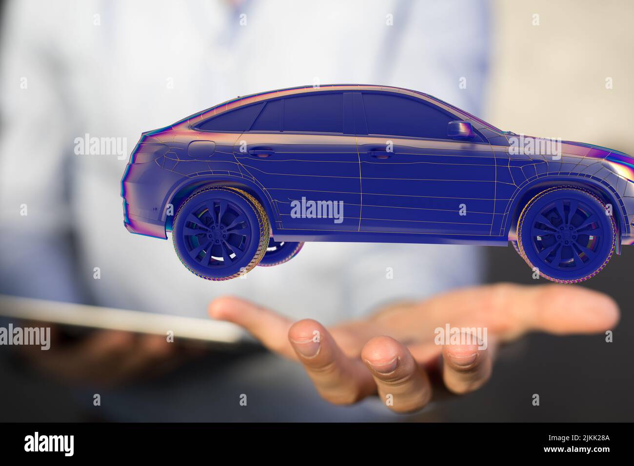 A person presenting the virtual projection of futuristic car model ...
