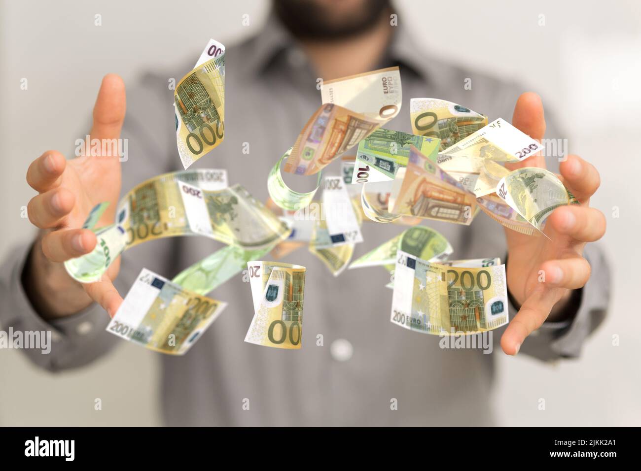 A person presenting 3D rendered falling banknotes Stock Photo - Alamy